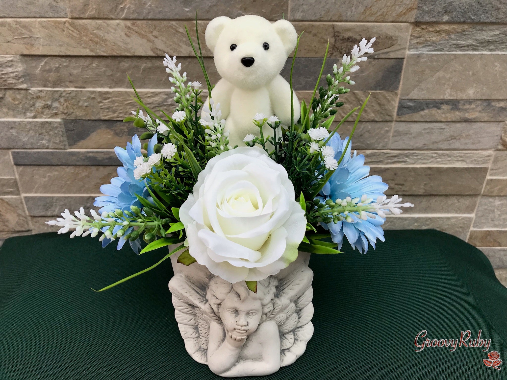 Baby Blue Angel Pot With Bear – GroovyRuby Floral Tributes