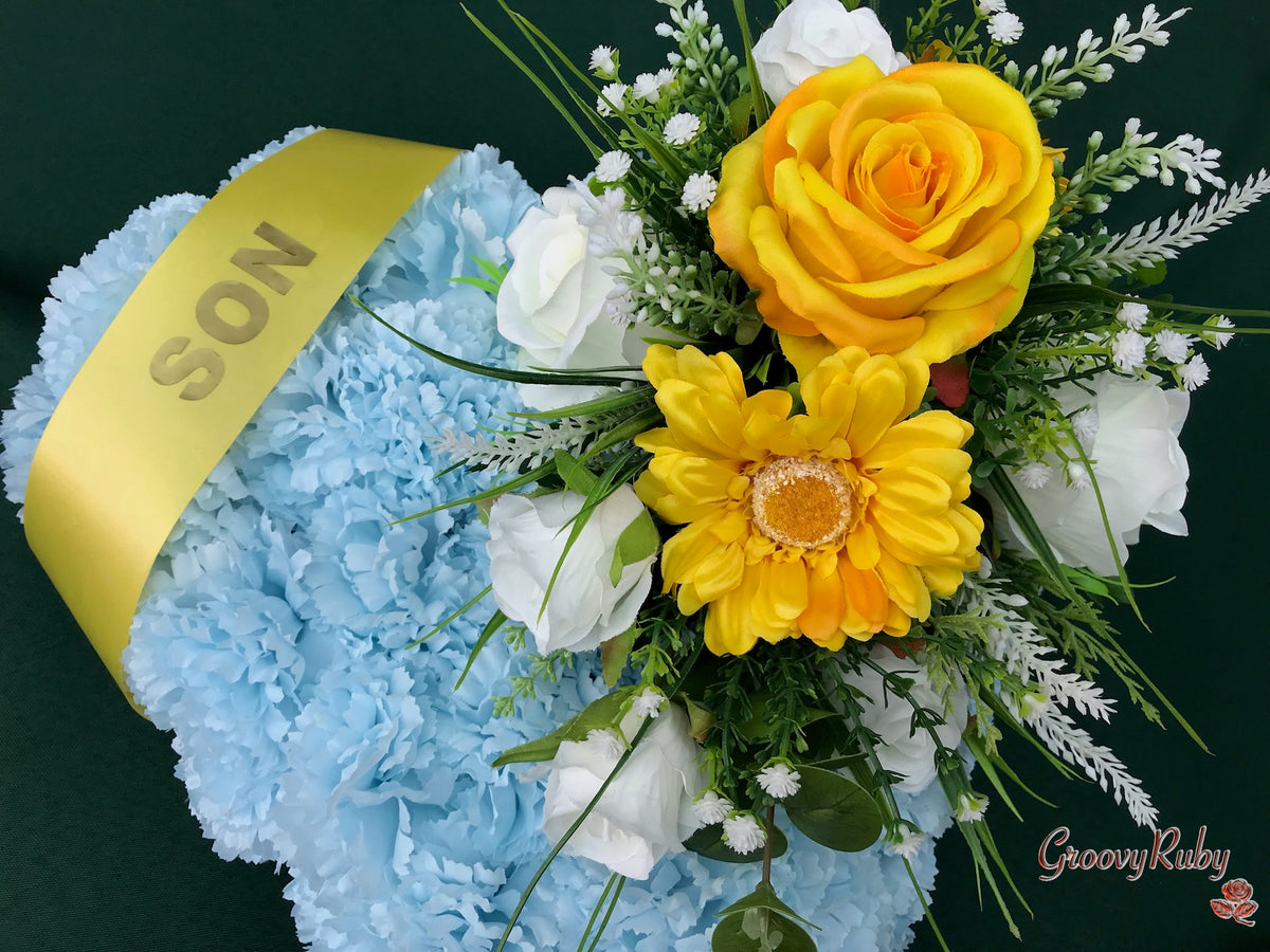 Baby Blue & Yellow Family Named Heart Tribute – GroovyRuby Floral Tributes
