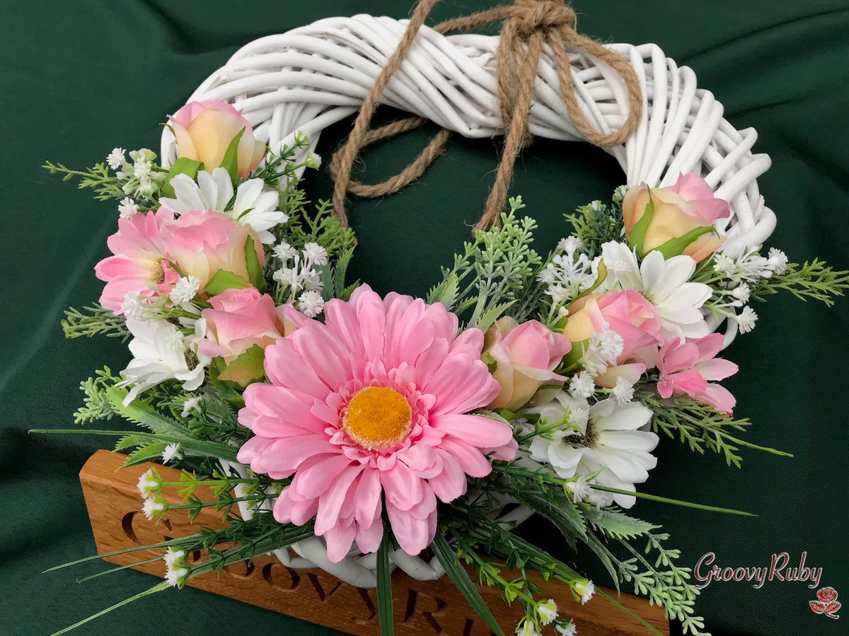 Pretty Pink Heart Wicker Wreath – GroovyRuby Floral Tributes